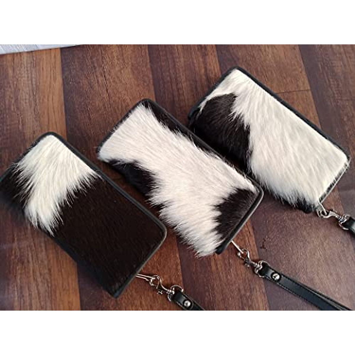 Womens Zipper Wristlet Cowhide Clutch - Black White Cow Hide Cow Skin Leather Hand Clutch Zip Phone Wallet Clutch Card Case 8' X 4' - Gift for her