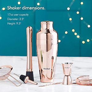 VonShef Parisian Cocktail Shaker Barware Set in Gift Box with Recipe Guide, Cocktail Strainers, Twisted Bar Spoon, Jigger, Muddler and Pourers, 9 Piece Set, 17oz (Rose Gold)