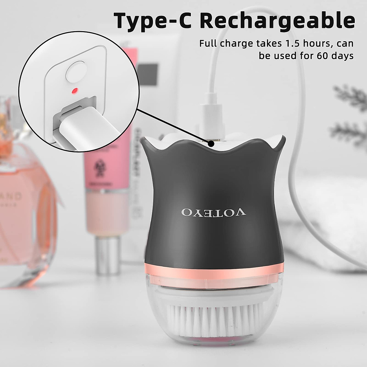 Facial Cleansing Brush - Face Cleansing Brush with 3 Replacement Brush Heads & 3 Modes, Waterproof, Type C Charging, Rotating Face Brush for Deep Cleansing, Black