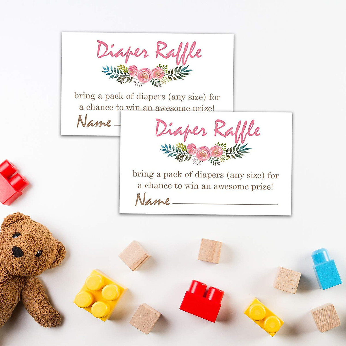 Pink Flowers Diaper Raffle Tickets for Baby Shower Invitation Inserts - 50 Baby Shower Game Cards.