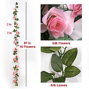 FAMI 4PCS(28.8 FT,16 Flowers) Artificial Rose Vine Garland Silk Flower Hanging Baskets Plants for Indoor Outdoor Home Wedding Arch Garden Wall Decor-Pink