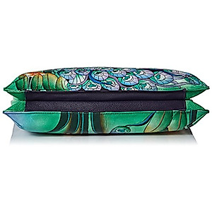 Anna by Anuschka Women's Genuine Leather Large V Top Multi-Compartment Cross Body | Hand Painted Original Artwork | Midnight Peacock