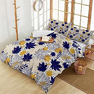 Aesthetic Maple Leaf Twin Duvet Covers Dark Blue Yellow Lines Fall Leaves 3-Piece Bedding Sets Luxury Soft Microfiber Bed Comforter Protector with Pillow Cases for Women Men Girl Boy Wave Points