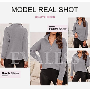 EVALESS Sweaters for Women Cable Knit Long Sleeve Tops Quarter Zip Pullover Sweater for Women Dressy Casual Fall Outfits Trendy 2024 Winter Work Clothes Sexy V Neck Oversized Gray Sweater，Small