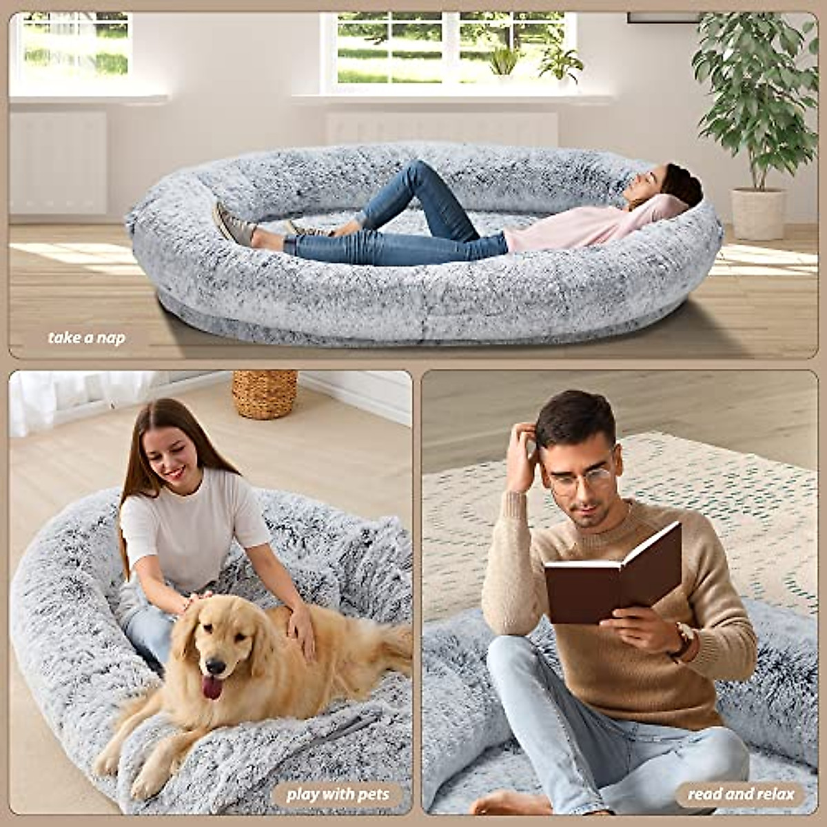 Homguava Large Human Dog Bed 75.5"x55"x12" Human-Sized Big Dog Bed for Adults&Pets Giant Beanbag Bed with Washable Fur Cover,Blanket and Strap, Grey Plush