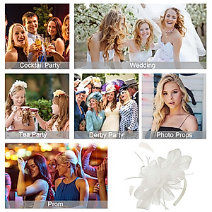 Myjoyday Women's Fascinators Hat for Tea Party Church Cocktail, Feathers Veil Headband with Hair Clip (White)
