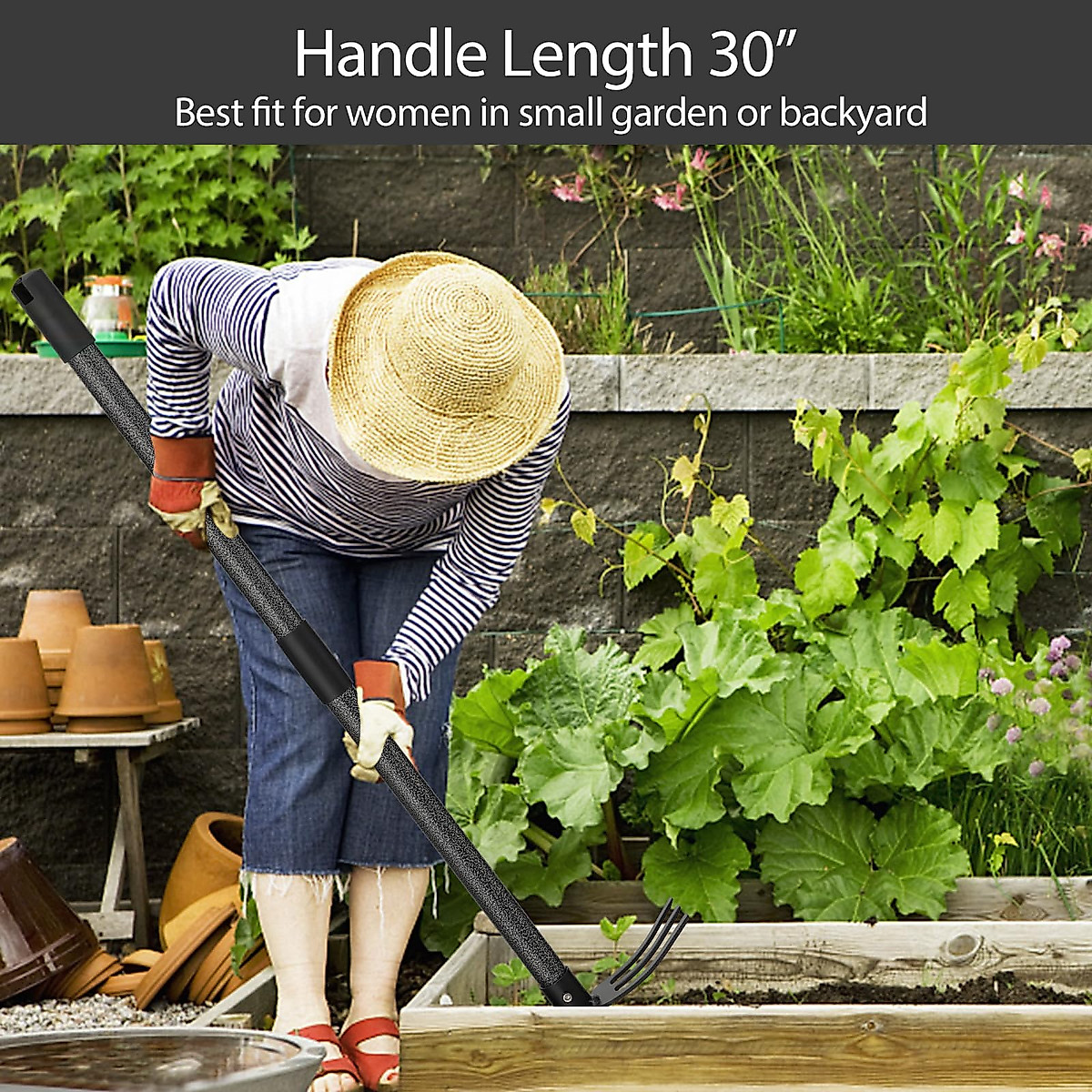 Hoe and Cultivator Gardening Hand Tools, Heavy Duty Stainless Steel Garden Hoe and 3 Fork Hand Tiller for Gardening Weeding Planting with Adjustable Handle 30 inch