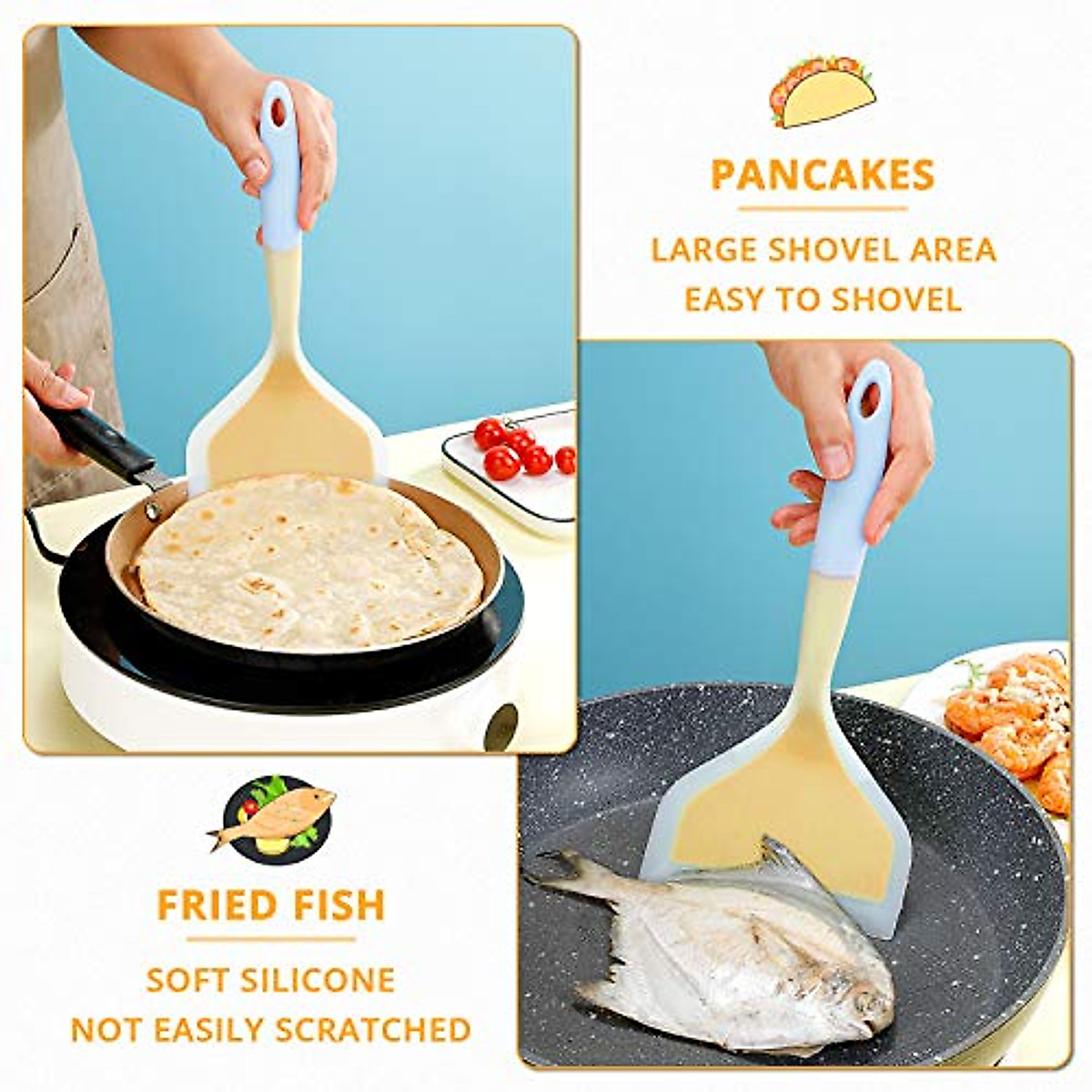 KUFUNG Silicone Spatula Pancakes Shovel Omelette Spatula Turner for Eggs Fish Pancake Pizza and Steak Wide Soft Pizza Shovel Non-Stick Heat-Resistant Kitchen Fried Shovel (Large, Yellow & Blue)
