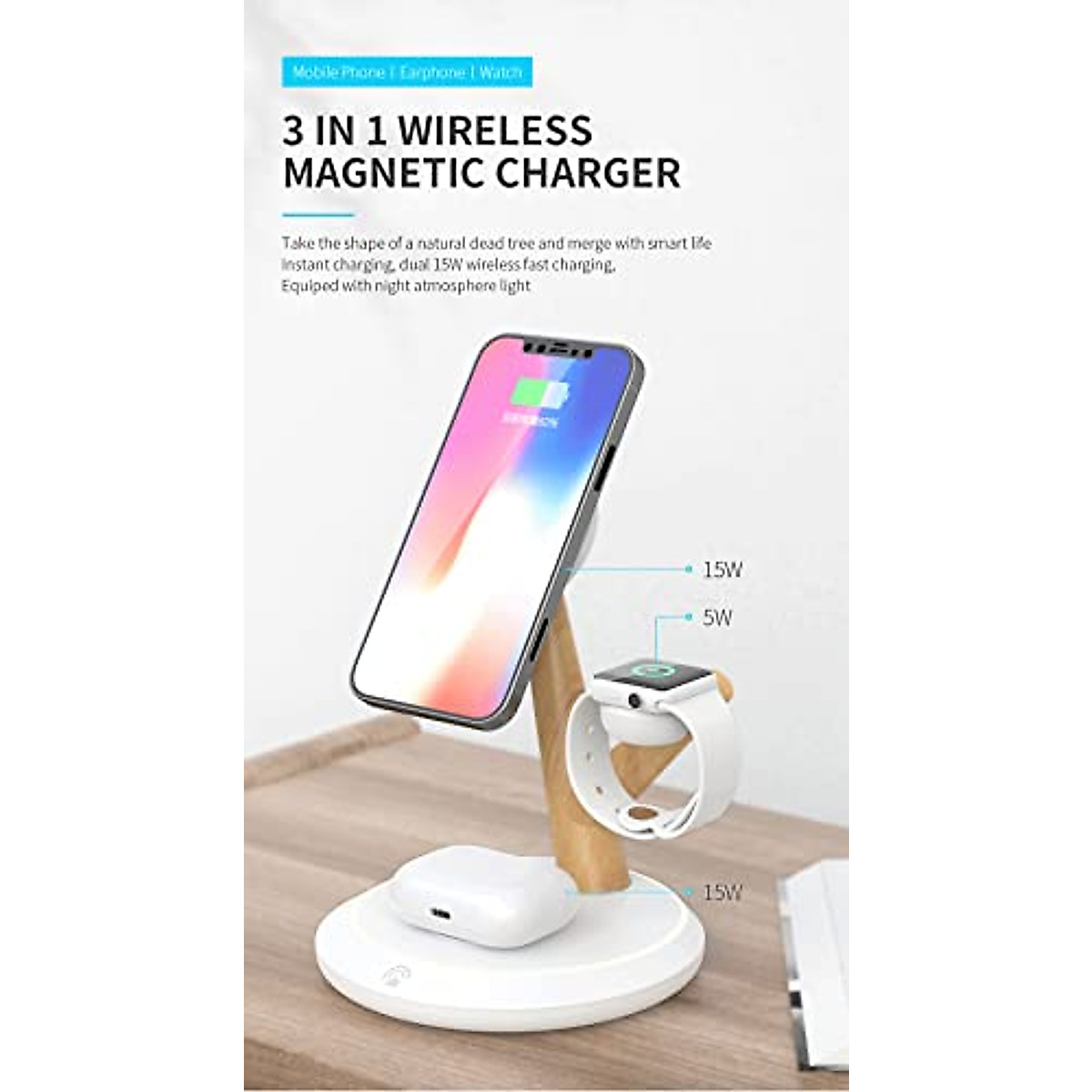 Productive Bee Tree Design Fast 3-in-1 Wireless Charging Station for iPhone 11/12/13, Pro, Pro Max, Mini, Apple Watch, AirPods2/Pro