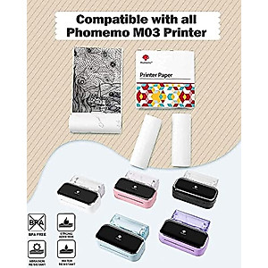 Phomemo M03 Pocket Printer- Portable Printer Photo Printer with 3 Roll 3 Inch Black on White, 77mm x 3.5m, 3 Inch X 11.5 ft, Compatible with iOS + Android for Photos, Journalist, Work, Plan-(Purple)