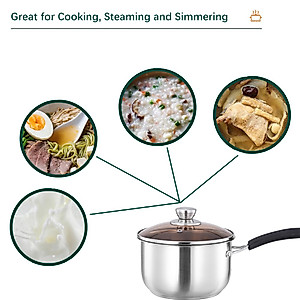 Stainless Steel Saucepan 2.5 Quart, UNOSCHRIM Milk Cooking Pot, Small Sauce Pot with Glass Lid and Bakelite Handle, Multipurpose Small Pots for Cooking Vegetables, Meat, Milk, All Stoves Compatible