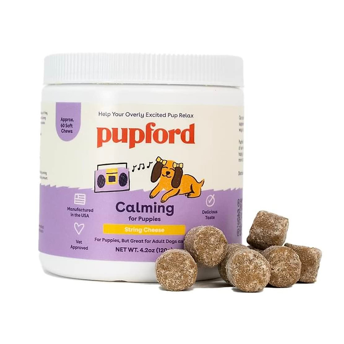 Pupford Calming Supplement for Puppies and Adult Dogs, Made in The USA, Vet Approved, No Artificial Flavors, String Cheese, Net Wt. 4.2 oz (120g)