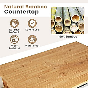 Giantex Kitchen Island Cart with Storage, Rolling Bamboo Kitchen Cart on Wheels, w/Pull-Out Drawer, Towel Handle, 2 Open Shelves, Mobile Coffee Bar Cart for Dining Room Living Room (Wood & White)