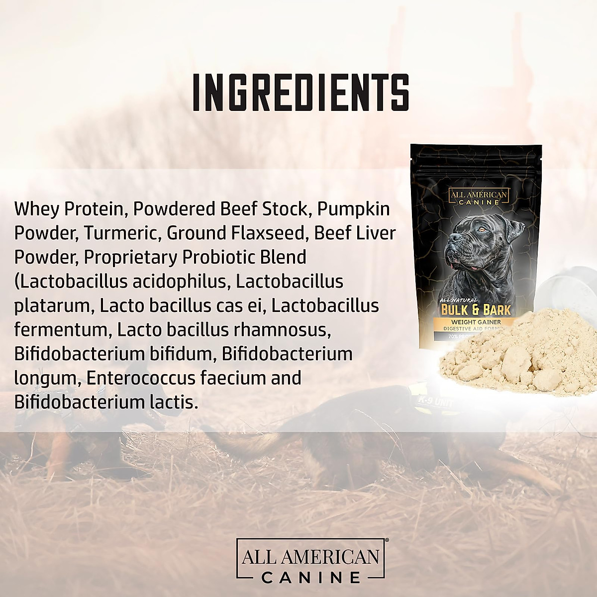 All American Canine Bulk & Bark Weight Gainer + Digestive Aid Formula Natural Health Supplement Food Topper for Working, Hunting & Sports Dogs, 60 Servings