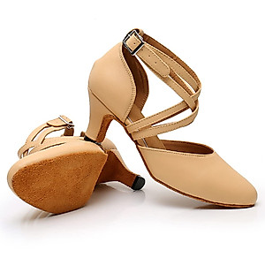 DKZSYIM Women's Latin Ballroom Dance Shoes Close Toe Character Modern Tango Salsa Performance Dancing Shoes,7161-Nude-6,US 7