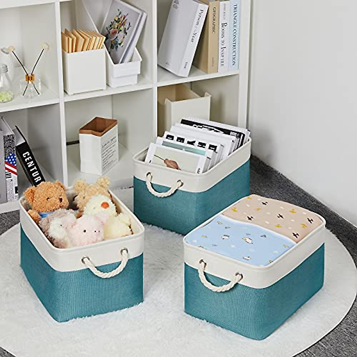 Bidtakay Set of 4 Bundled Baskets Storage Bins with Handles 15 X 11 X 9.5 Inches (White&Teal Blue)