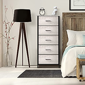 Sorbus Tall Fabric Storage Dresser - Stand Up Tower of 5 Drawers with Steel Frame, Wood Top, & Faux Wood Fabric - Great for Bedroom, Dorm, Closet, Living Room, Entryway - Narrow Nightstand Organizer