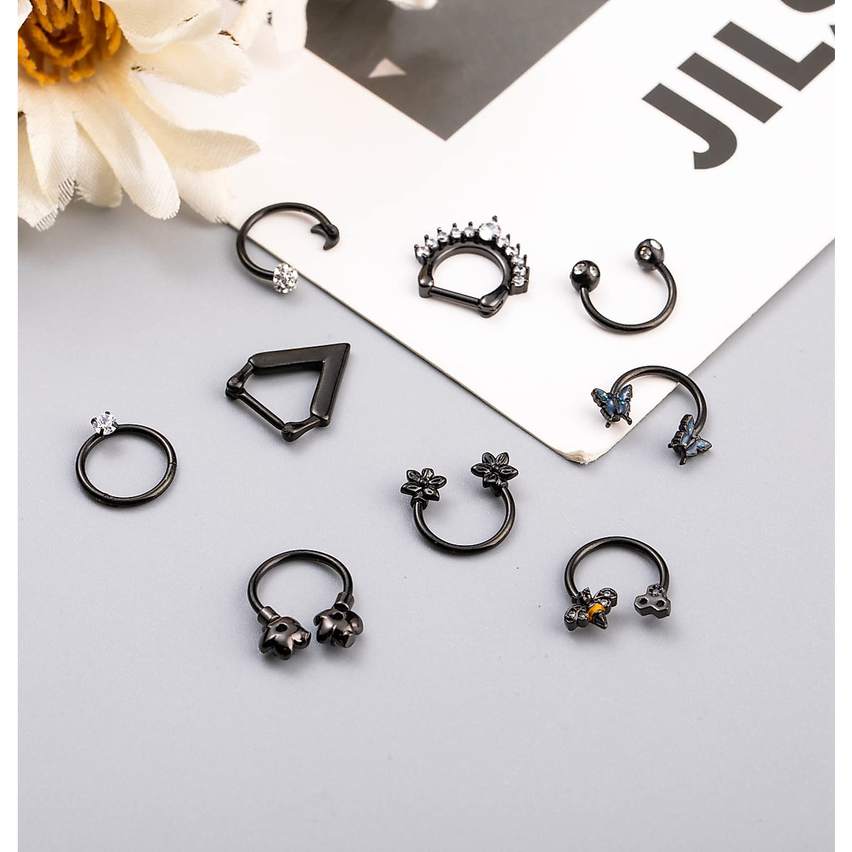 NICEIGHT 9PCS 16G Sugical Steel Horseshoe Septum Rings for Women Cartilage Hoop Helix Tragus Daith Piercing Bee Sunflower Body Jewelry B