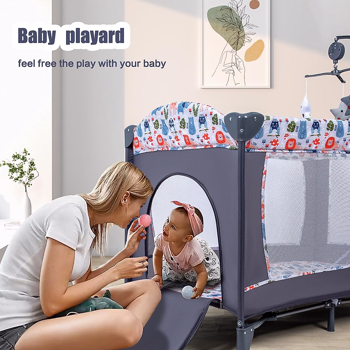 4-in-1 Pack and Play with Bassinet for Baby,Folding Crib,Travel Crib Diaper Changer with Mattress,Playard with Music Box,Multifunctional Baby Bed for Newborn,Infant,Toddler,Portable Baby Playpen
