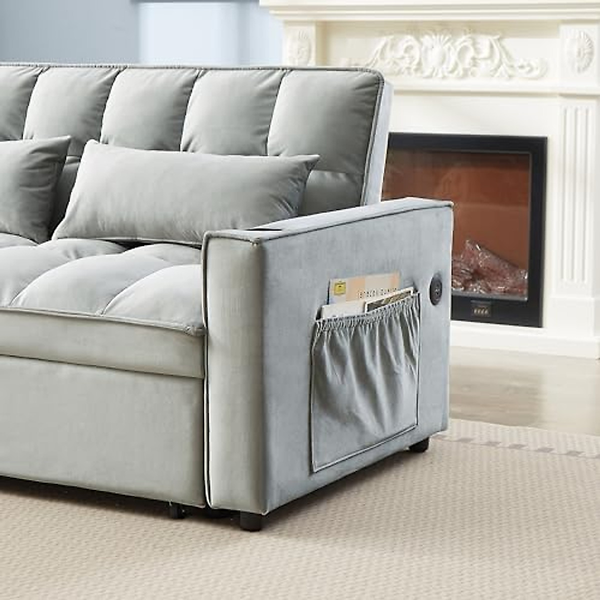 64" Spacious Futon Loveseat Sofa with Pull Out Sleeper Couch Bed, USB Ports and 2 Cupholders, Functional Adjustable Backrest Tufted Upholstered Love Seat Convertible Full Size Sofabed for Living Room