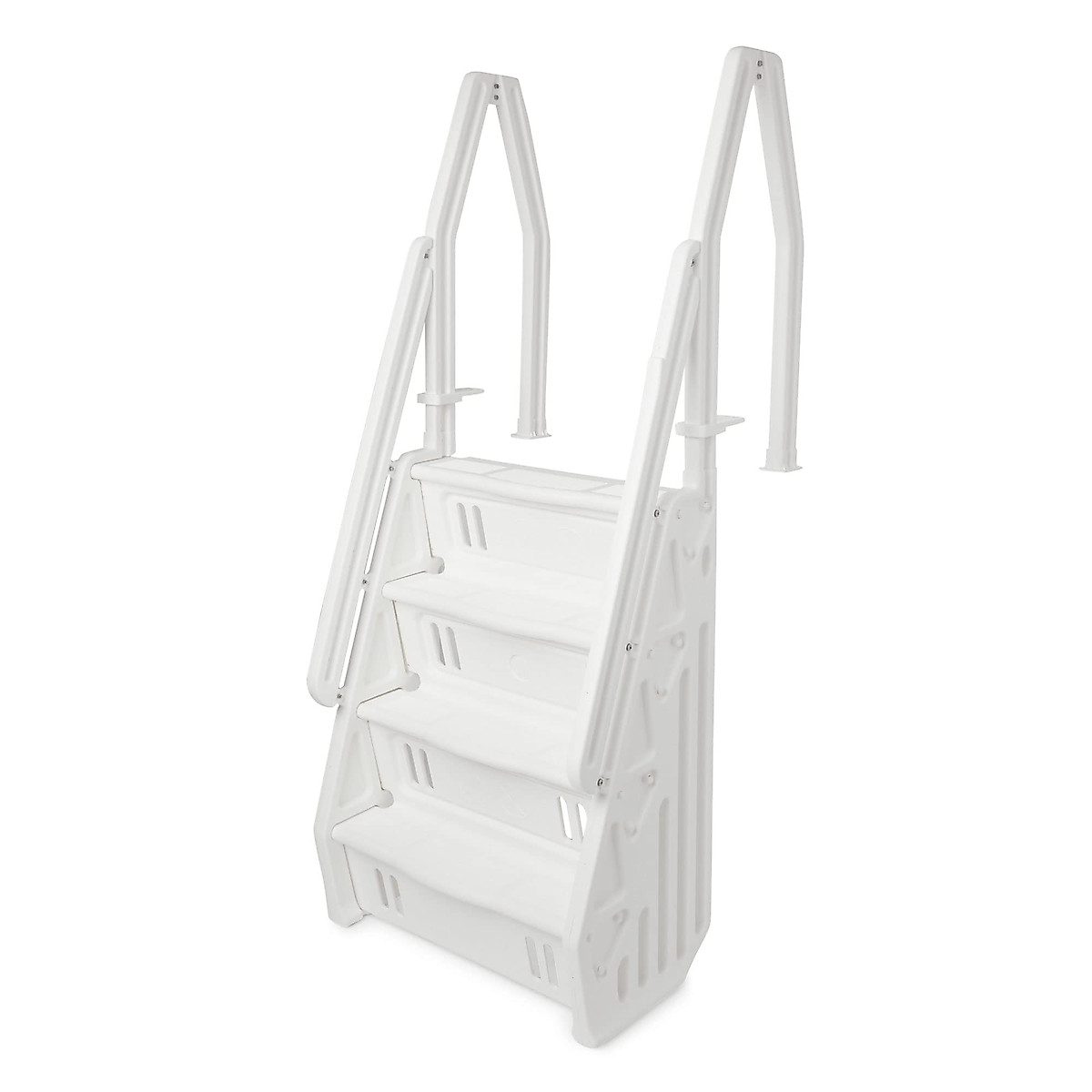 Vinyl Works Deluxe Versatile Adjustable 32 Inch in-Pool Step Ladder Entry System with Double Handrail for Above Ground Swimming Pools, White
