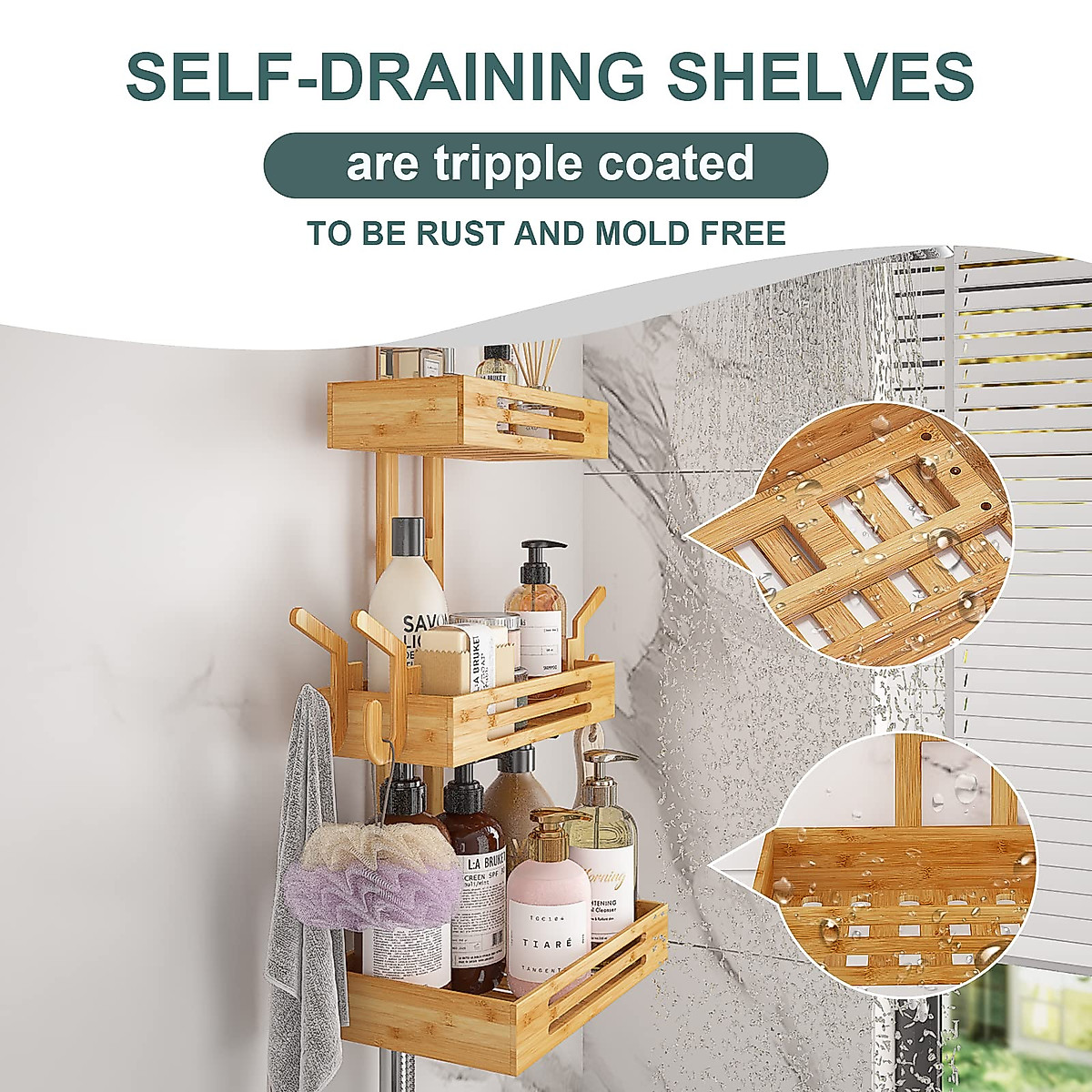 Nuvograin Bamboo Shower Caddy, Bathroom Caddy Hanging, 3 level Bathroom Shower Organizer, Caddy over Shower Head, Hanging Shower Caddy