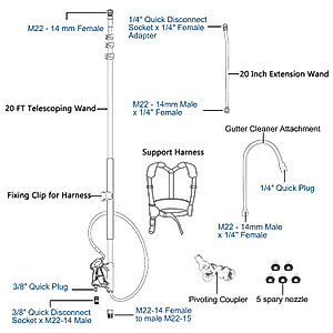 EDOU DIRECT Telescoping Pressure Washer Wand 19' | HEAVY DUTY | 4,000 PSI Max Working Pressure | Includes: 1/4" Quick Connection, 5 Spray Nozzle Tips, 2 Pivoting Couplers, 2 Adapters, Support Harness