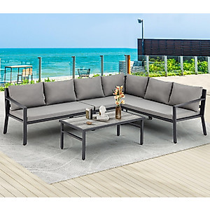 AECOJOY Aluminum Patio Furniture Set, Modern Outdoor Sectional Set, Patio Conversation Table and Chair Sets for Lawn, Backyard, and Deck with Grey Cushions