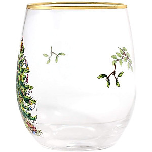 Spode Christmas Tree Glassware - Set of 4 -Made of Glass – Gold Rim- Classic Drinkware - Gift for Christmas, Holidays, or Wedding - Drinking Glasses (Stemless Wine Glasses)