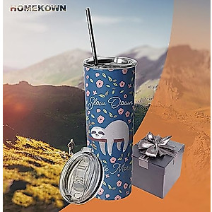 HOMEKOWN 20oz Slow the Sloth Tumbler Stainless Steel Cup Vacuum Insulated Travel Coffee Mug with Splash-Proof Lid Metal Straw