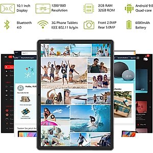 Tablet 10 Inch, Dual SIM Solt Android 9.0 Quad Core Processor Tablets, 32GB ROM 6000mAh Battery HD Tablet, Support 128GB Memory Storage Expand, WiFi, Bluetooth, GPS