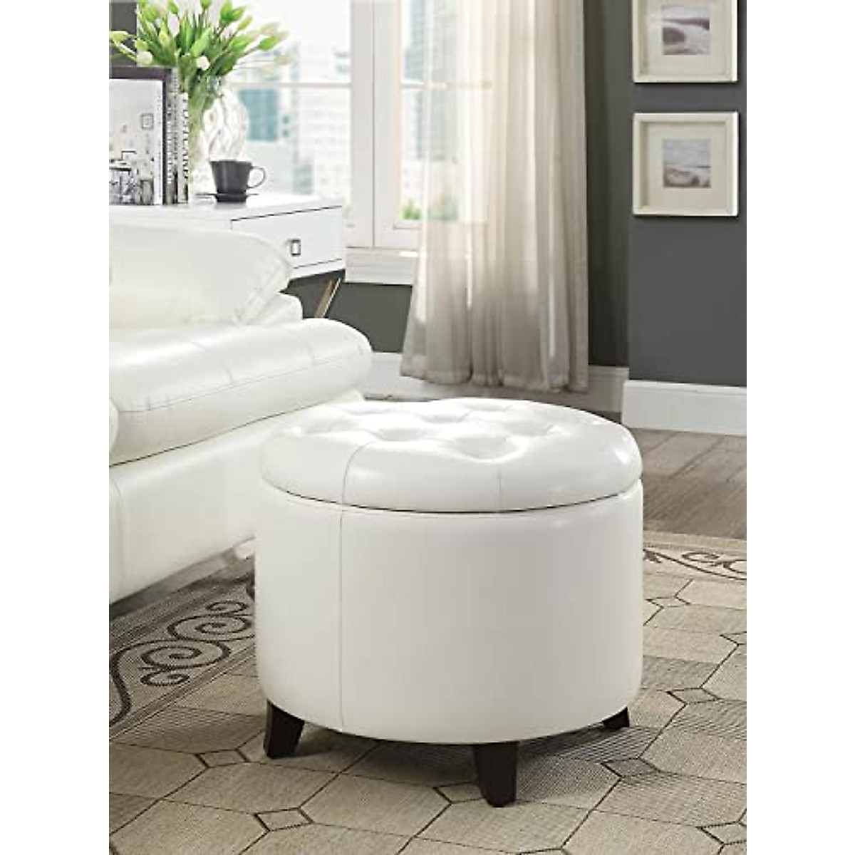 Convenience Concepts Designs4Comfort Round Storage Ottoman 19.75" - Versatile Contemporary Foot Stool for Living Room, Office, Ivory Faux Leather