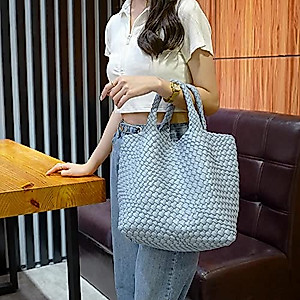 Hereubuy Now Women's Fashion Woven Bag Shopper Hand-Woven Tote Handbags and Purse for Women Ladies Vegan Soft PU Leather Shoulder Bags Large Capacity Underarm (Woven - Light Blue)