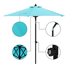SUNA OUTDOOR 7Ft Patio Market Umbrella Outdoor Table Umbrellas Push Up with 6 Sturdy Ribs, Adjustable Height and Tilt Pole, Easy Push Up Open, for Garden Deck Commercial, Blue