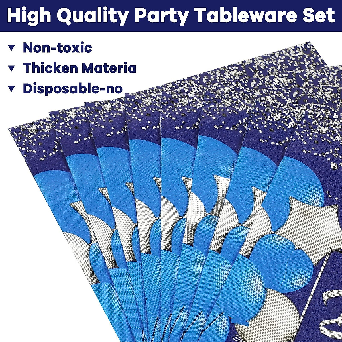 50 Guests Blue Birthday Plates Napkins Happy Birthday Plates Navy Blue and Silver Happy Birthday Plates for Men Women Disposable Paper Plates Napkins Forks Party Decorations Tableware Set 200 PCS