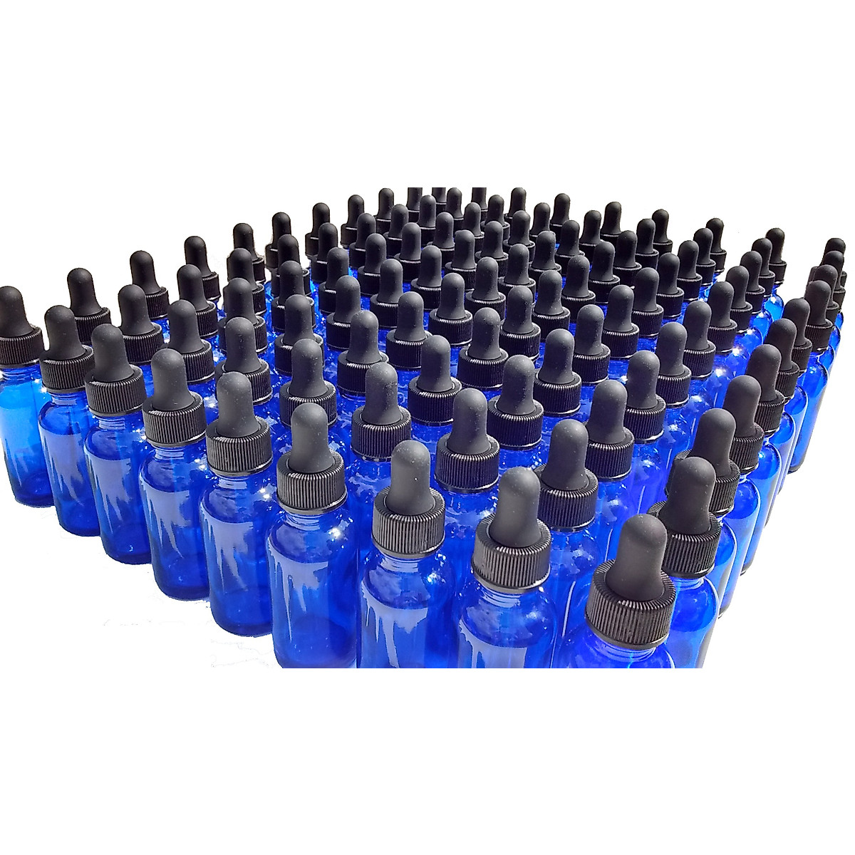 DropperStop™ 1oz Cobalt Blue Glass Dropper Bottles (30mL) with Tapered Glass Droppers - Pack of 99