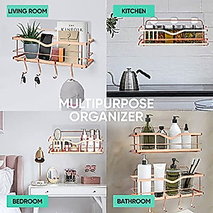 BABYLION1 Rose Gold Bathroom Organizer Shelf – 2 Pack Shower Caddy Baskets with 4 movable Hooks – Rustproof Stainless Steel Strong Adhesive Cute Storage Decor Rack for Inside Shower, Kitchen