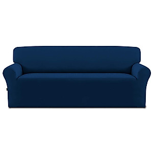 Easy-Going Fleece Stretch Sofa Slipcover Spandex Non-Slip Soft Couch Sofa Cover, Washable Furniture Protector with Anti-Skid Foam and Elastic Bottom for Kids, Pets(Sofa, Navy)