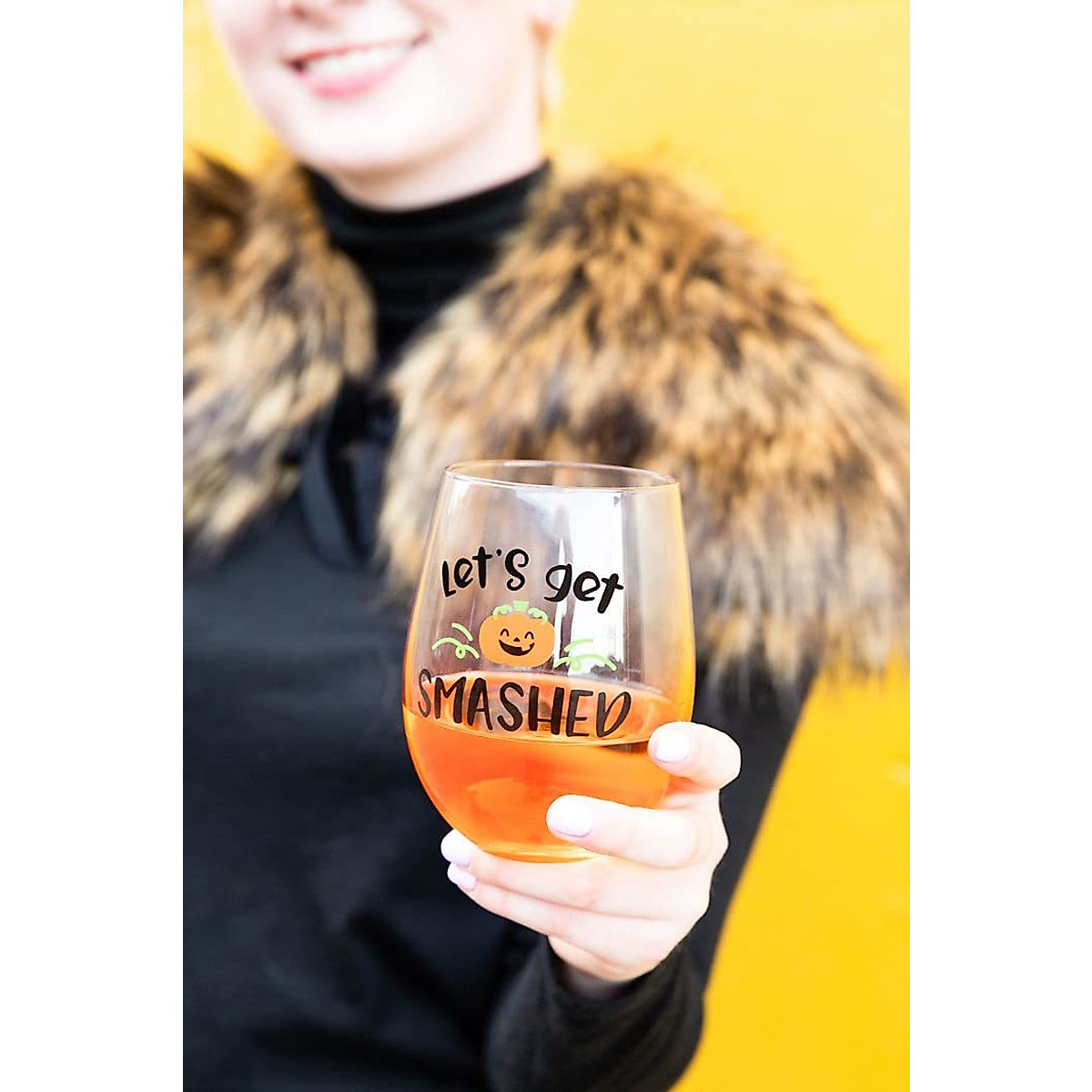Pearhead Let's Get Smashed Stemless Wine Glass, Gradient Orange, Fall Holiday Home Decor Gifts, Halloween Stemless Wine Glass, 15 oz