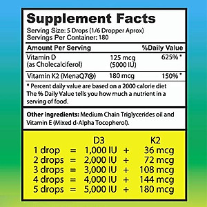 Vitamin D3 K2 Liquid Drops - Vegan Vitamin D3 5000 IU, Vitamin D Drops Adult, No Fillers, Non-GMO, No Taste, Liquid Vitamin d3 with k2 Supplement to Boost Energy Levels, Mood, Immune System, 1 fl oz