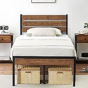 Amyove Twin Size Bed Frame with Rustic Vintage Wood Headboard, Metal Slats Support, Mattress Foundation, No Box Spring Needed, Easy Assembly