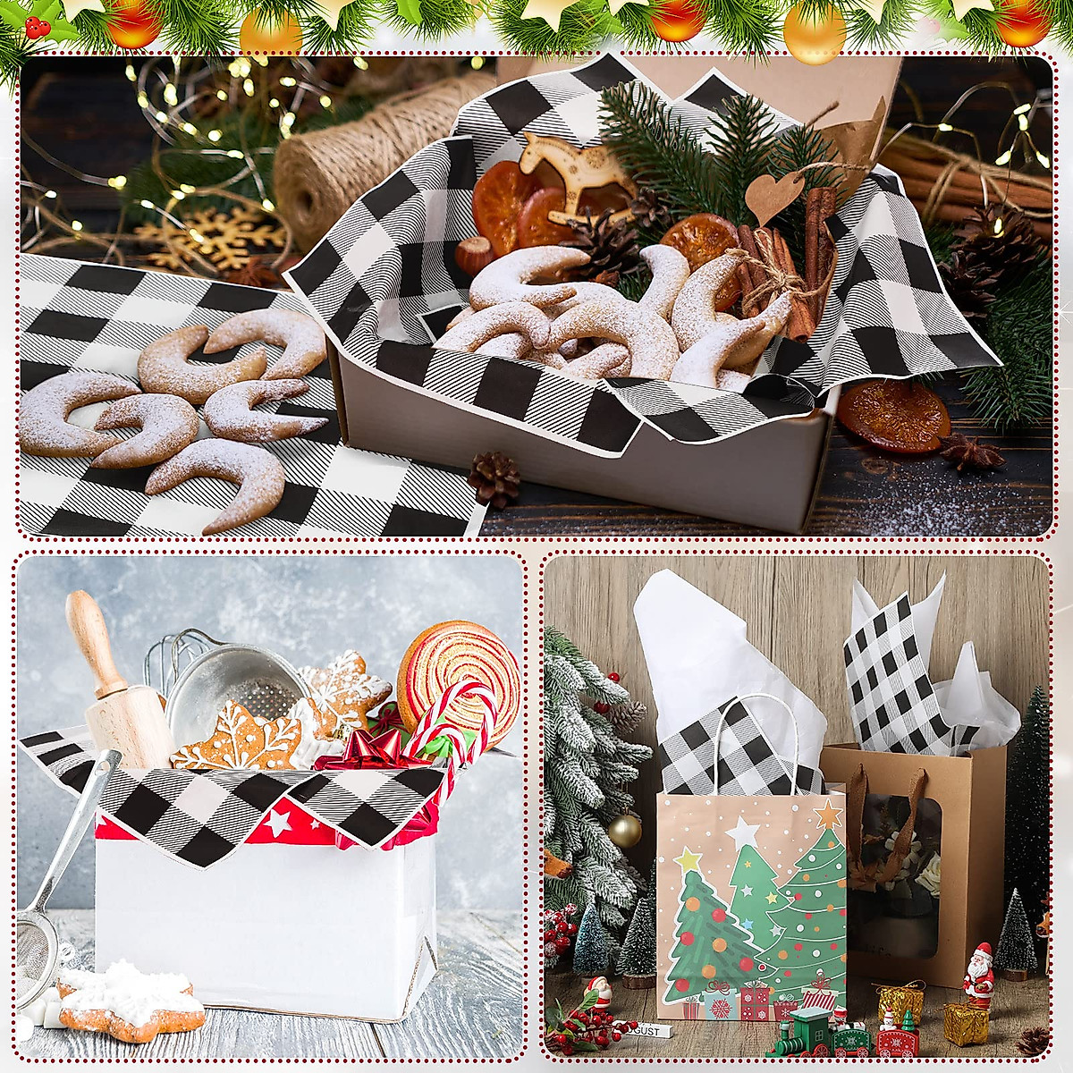 150 Pieces Wax Paper Sheets Christmas Wrap Paper Grease Resistant Paper Liners Greaseproof Paper Food Wrap Wrapping Tissue Sandwich Wrap Paper for Restaurant Food Supplies (Black White Plaid Style)