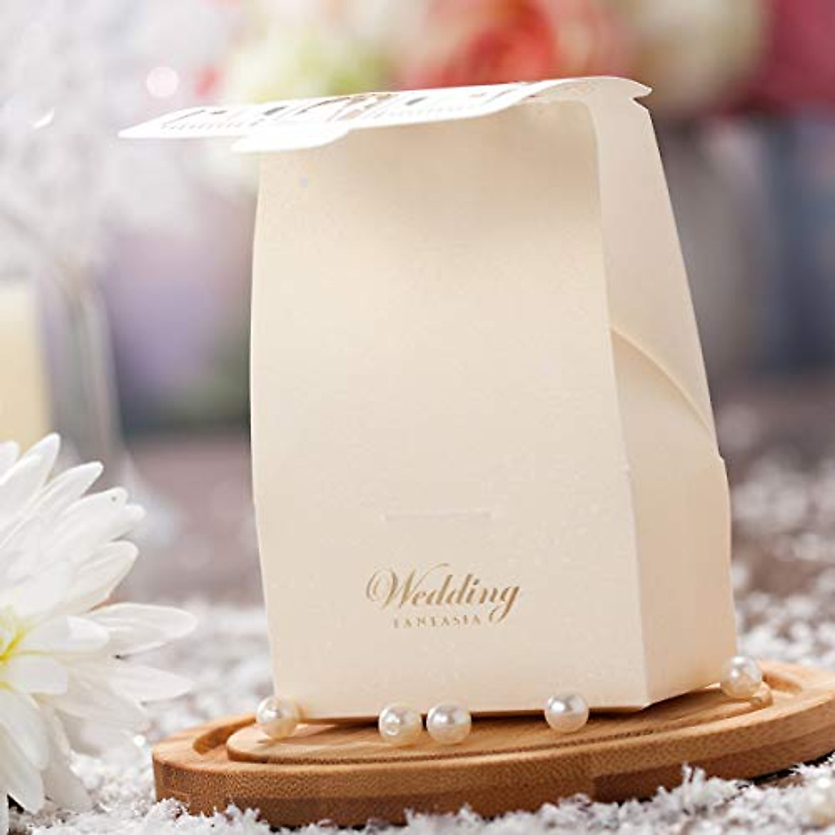 Hosmsua 50pcs Laser Cut Wedding Favor Boxes Candy Box Gift Bag Bride and Groom Paper Bags with Romantic Castle Design (Beige) CB5093