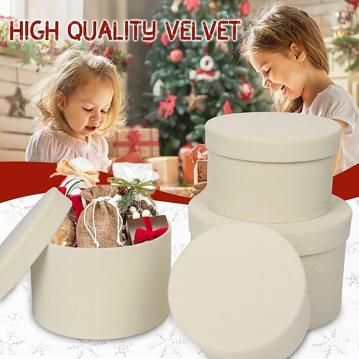 GnFlus Round White Gift Boxes with Lids for Presents Set of 4 Velvet Nesting Gifts Box for Arrangements Flowers Wedding Birthday Valentines Bridesmaid Christmas Party Anniversary