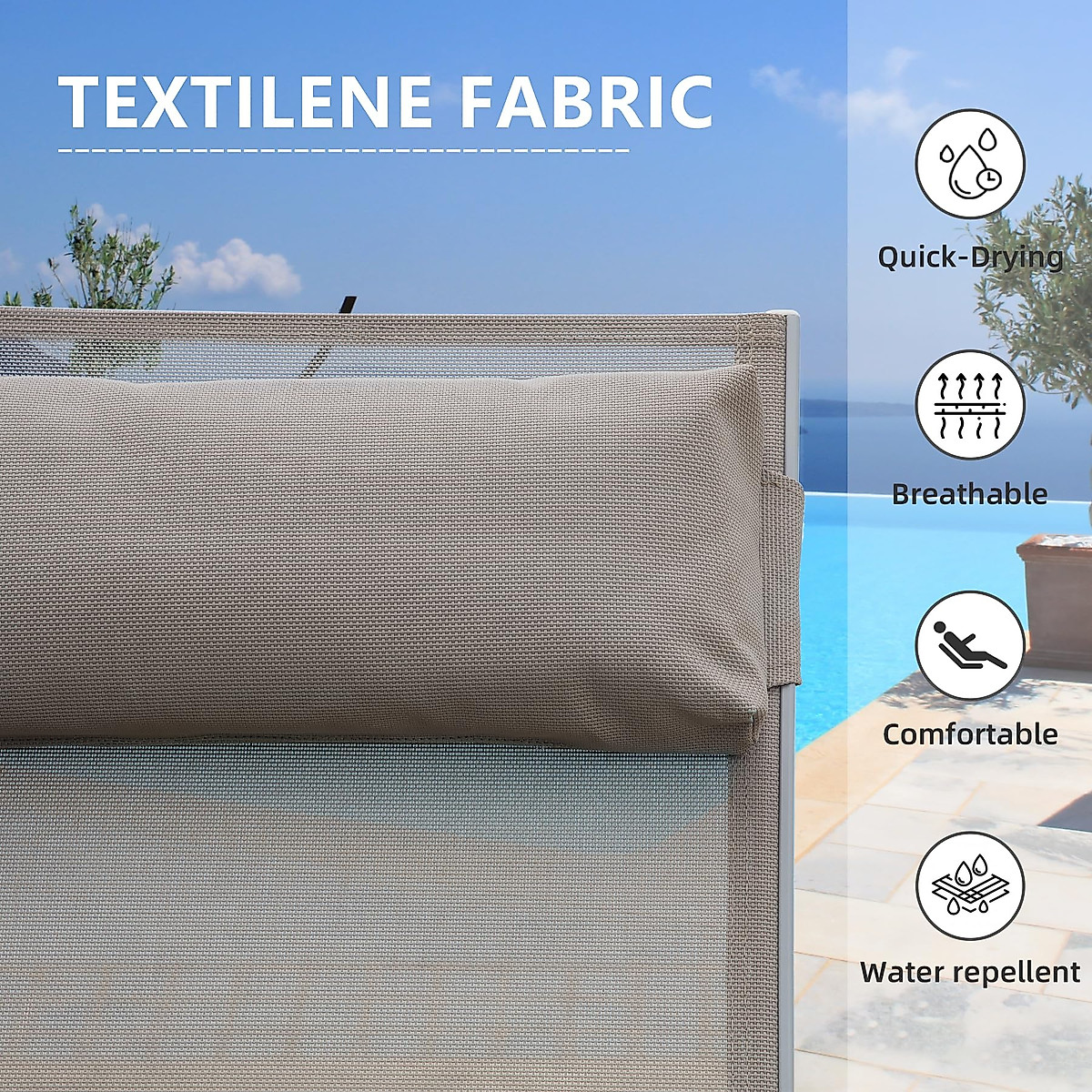 Domi Pool Lounge Chairs Set of 3,Aluminum Adjustable Outdoor Chaise Lounge with Side Table,All Weather Poolside Chairs for Deck Lawn Poolside, Textilene (Khaki)