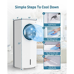 Evaporative Air Cooler, Portable Bladeless Fan, Air Cooler Fan with 3 Wind Speeds and 3 Modes, 90° Automatic Swing, 1 Gallon Water Tank, 2 Ice Packs, 7H Timer, Remote Control, for Room Home Office