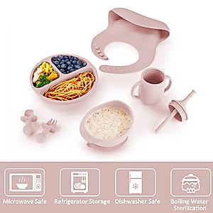 Baby Led Weaning Supplies, FOTEEMO 11-Piece Silicone Baby Feeding Set Self Feeding Baby Utensils First Food Set For 6+ Months Toddler Baby Plates with Suction (Pink)