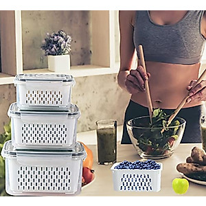 Fruit Vegetable Storage Containers for Fridge,3 PCS Produce Saver Containers for Refrigerator Organizer Bins,Plutuus BPA free Plastic Produce Keepers with Lid & Colander for Salad Berry Lettuce watermelon Storage