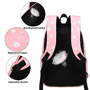 Mimfutu Flowers School Backpack for Teen Girls, 3-in-1 Kids Backpack Bookbag Set School Bags with Lunch Box Pencil Case (Pink)