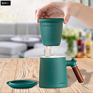 BRM Green Ceramic Tea Cup with Lid, Strainer and Reinforced Wooden Handle (Clearance everything must go!)